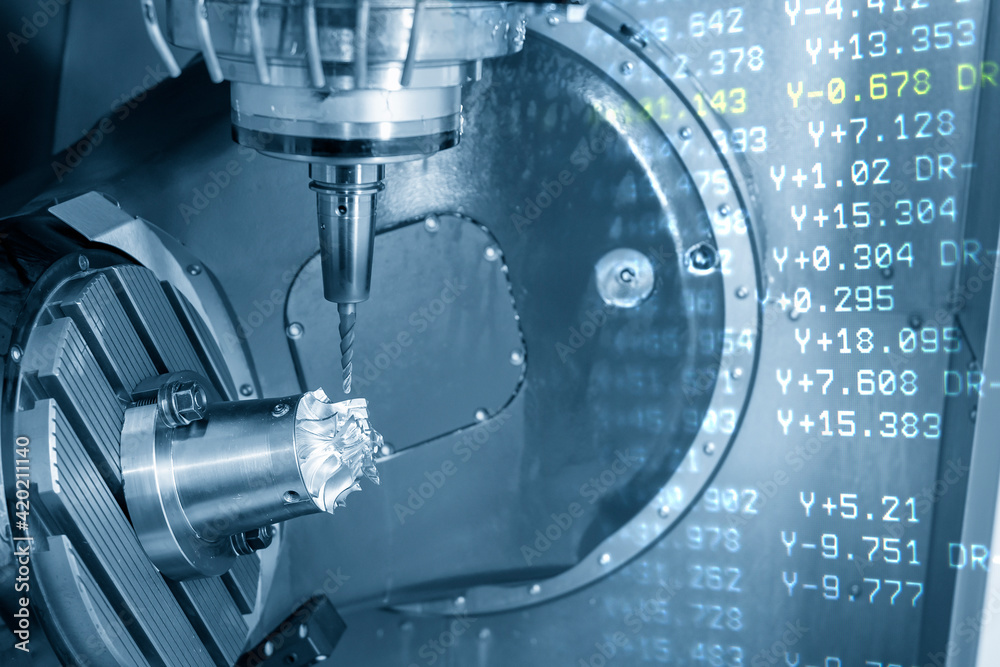 The abstract scene of 5-axis machining center cutting the turbocharger ...