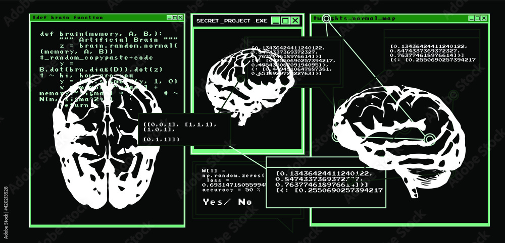 Vetor de The human brain from the front and side view. MRI of CT scan ...