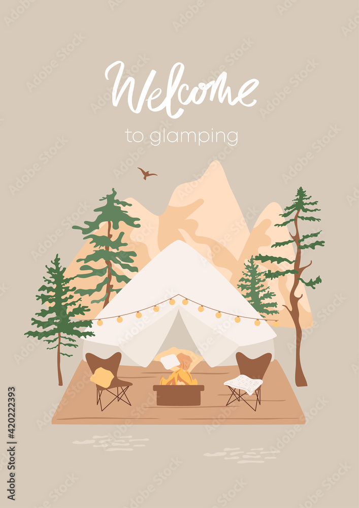 Welcome to glamping concept. Illustration with tent, chairs near camp ...