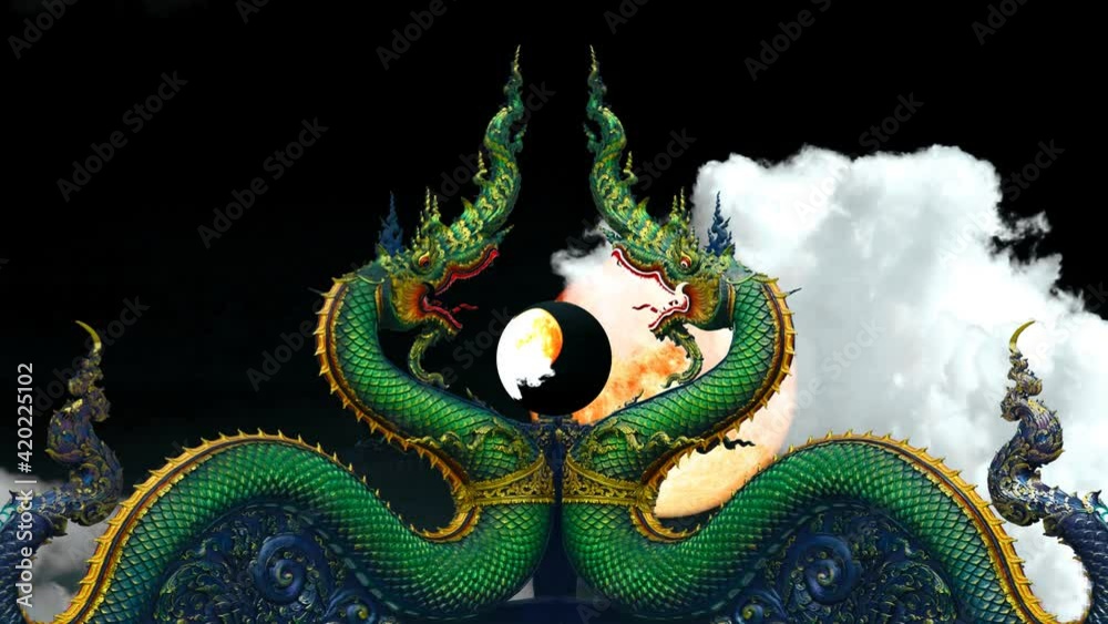 reflection blood moon on crystal ball and twin naga and night sky ...