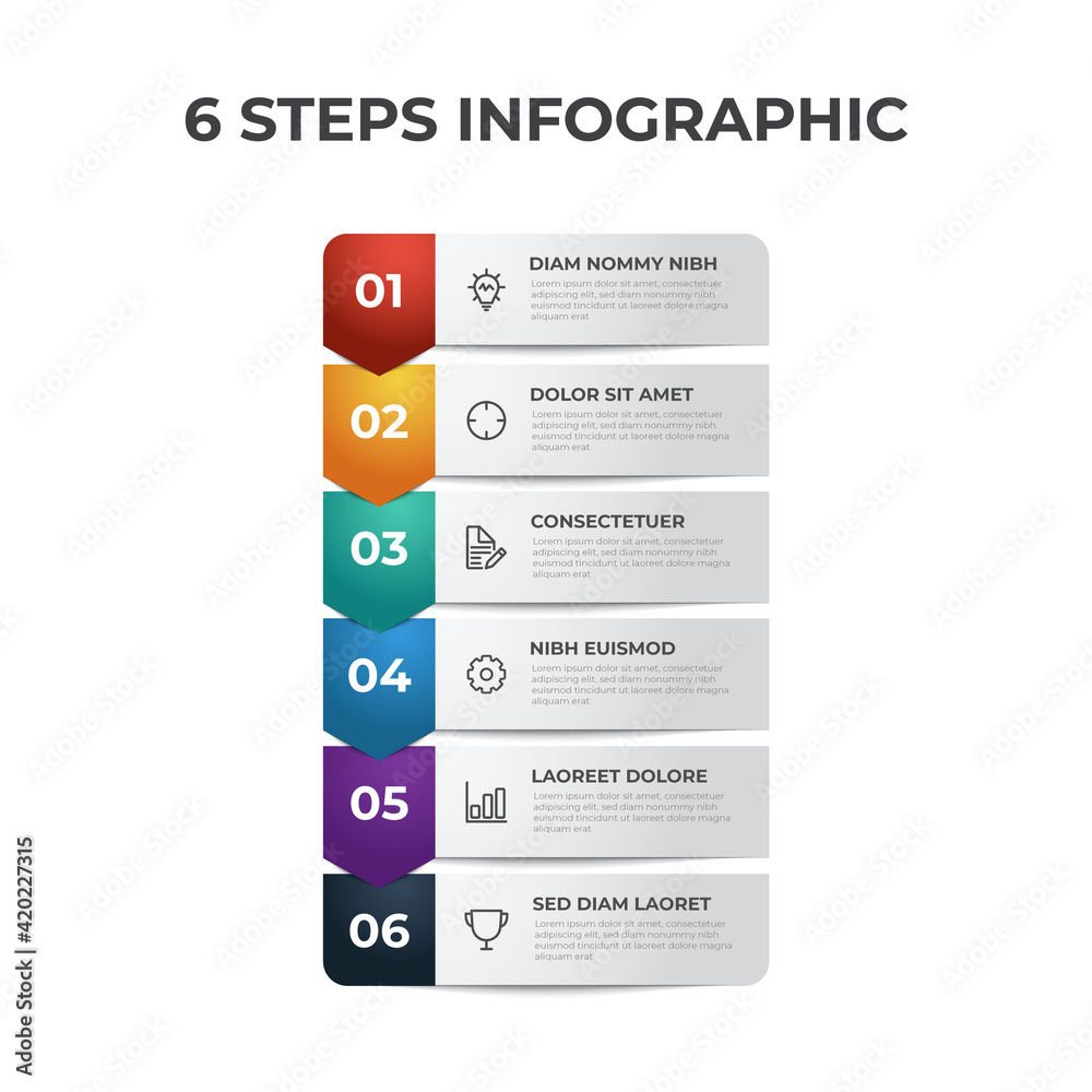 6 points of steps, list diagram layout with number, infographic element ...