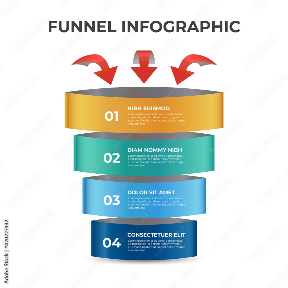 4 points of funnel diagram with arrows, stages and steps infographic ...