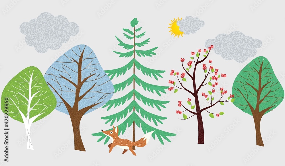 spring trees, set of vector illustrations of cute trees and shrubs: oak ...