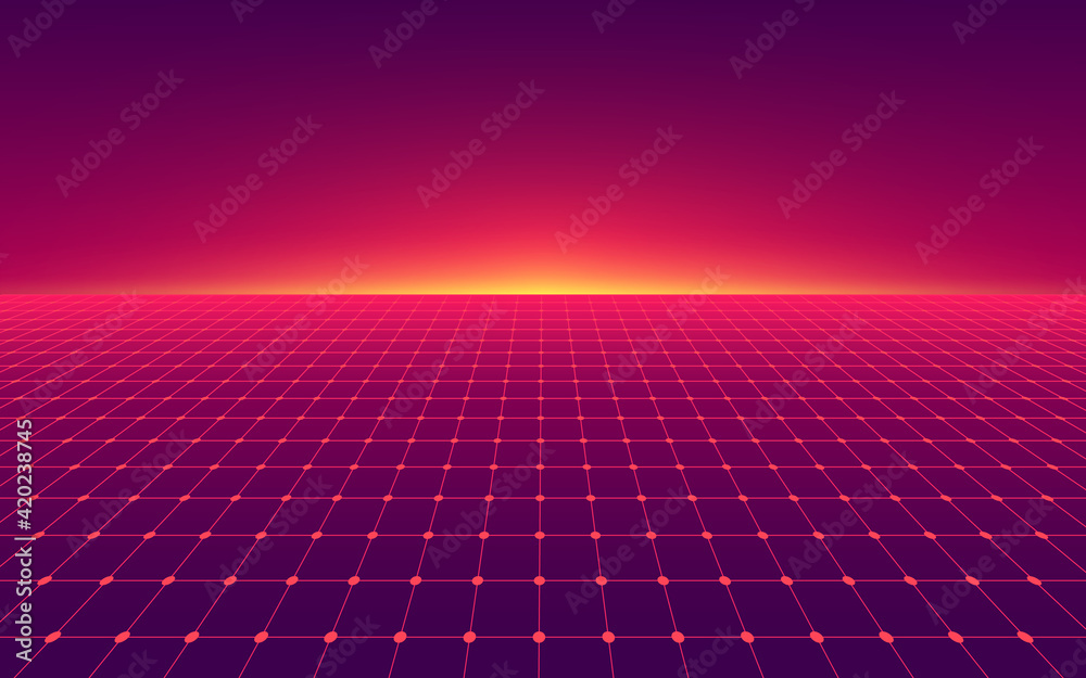 Abstract perspective red violet grid. Retro futuristic neon line on ...