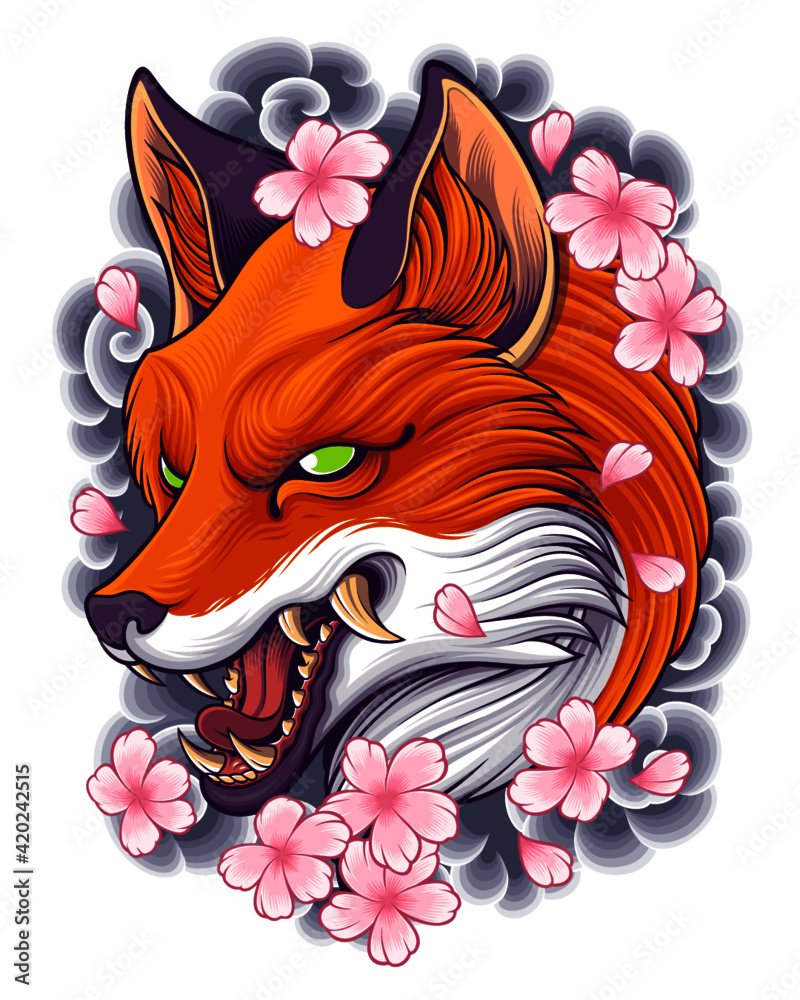 Fox Head Illustration with Japanese Tattoo Art Background Stock Vector ...