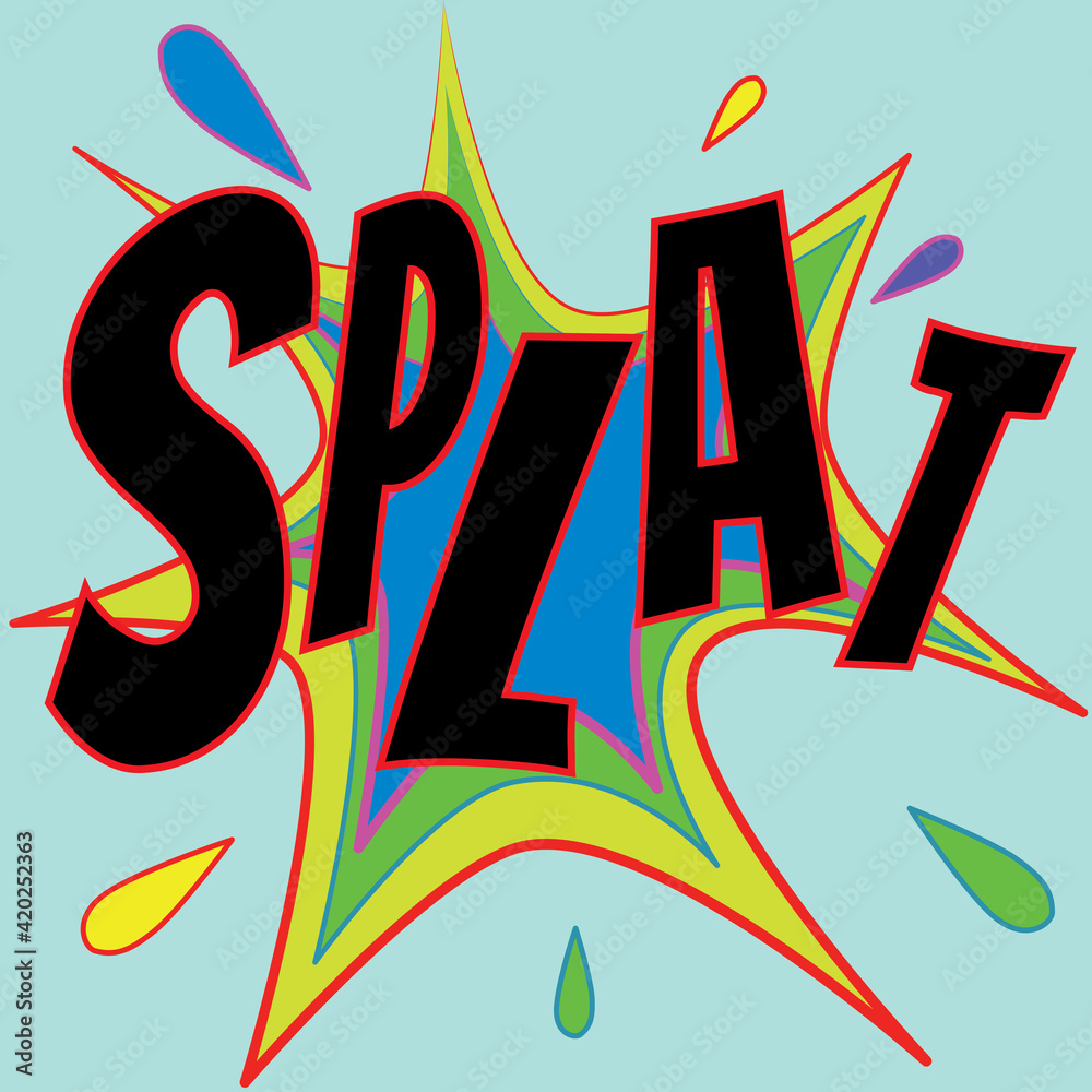 Splat comic star onomatopoeia in orange blue and green. Big black ...