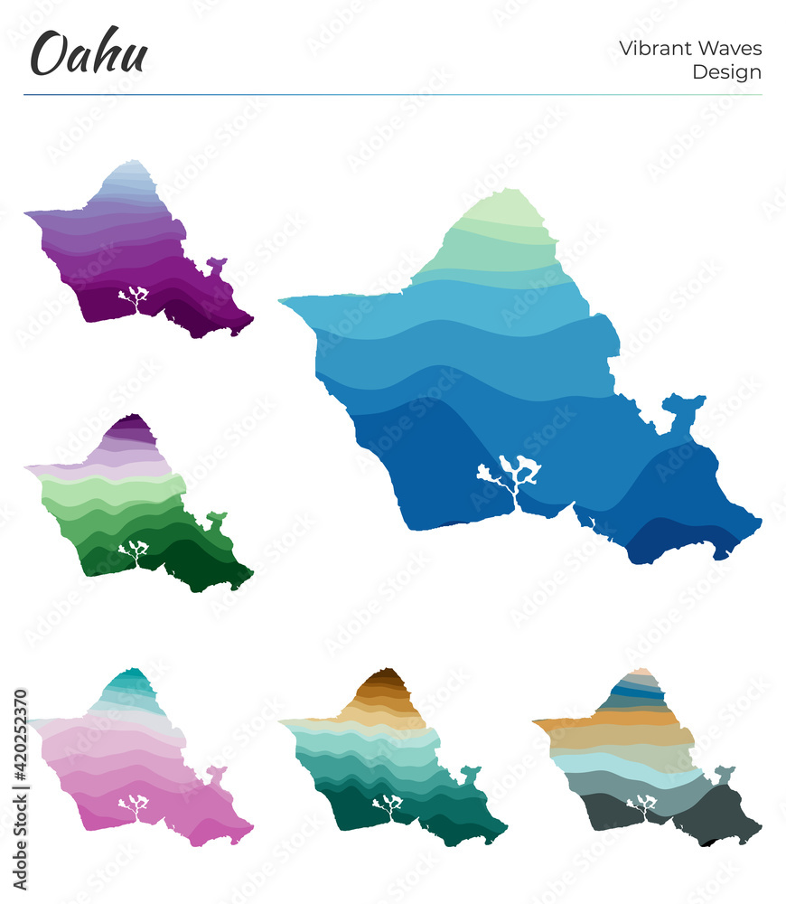 Set of vector maps of Oahu. Vibrant waves design. Bright map of island ...