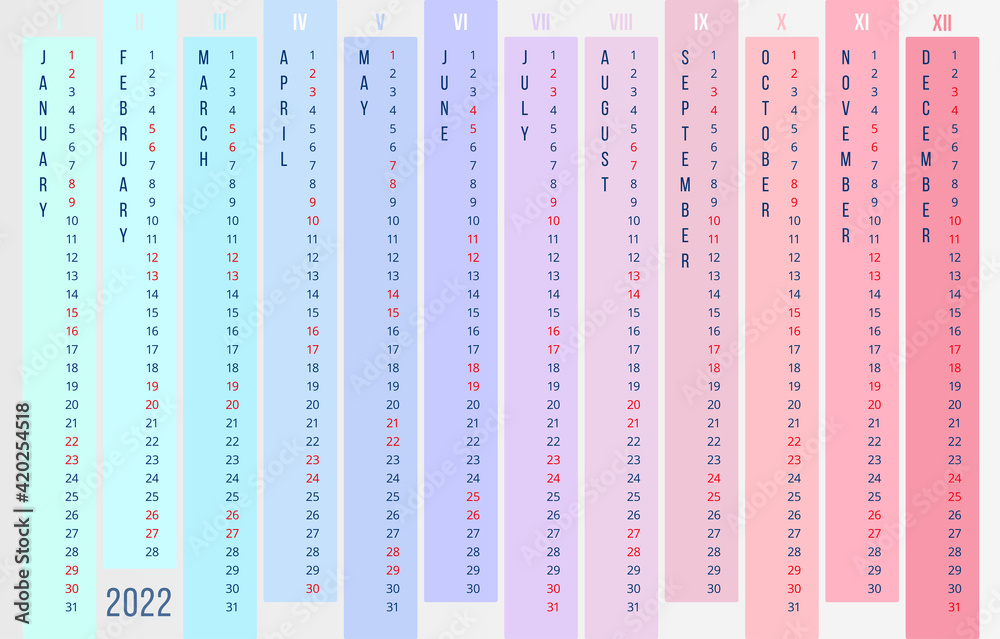 Multecolored calendar 2022. New 2022 year. 12 months vertically of ...