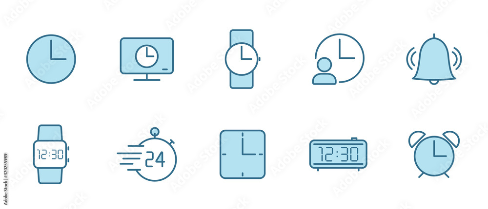 time and clock flat vector icons in two colors isolated on white ...