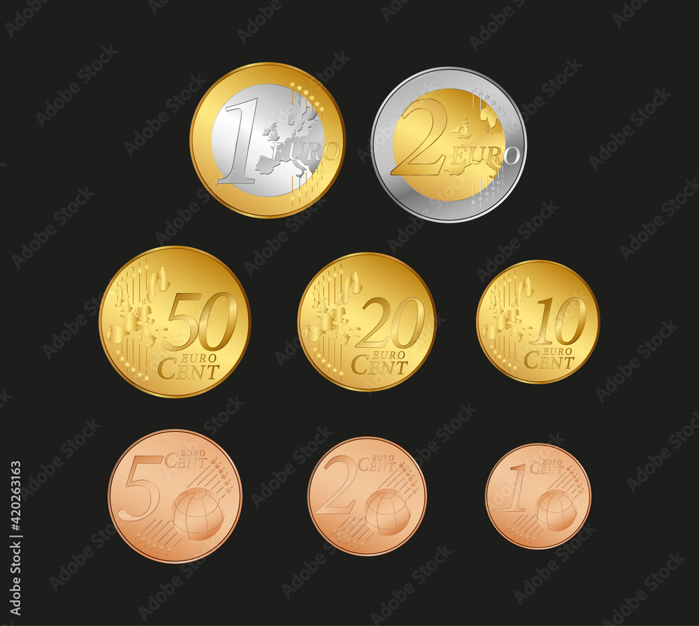 Euro coins collection. Vector illustration of money. Set of realistic ...