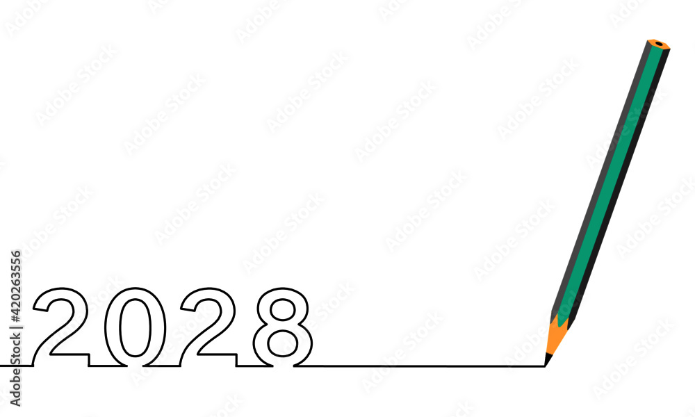One line drawing style with a pen on the right and 2028 on the left ...