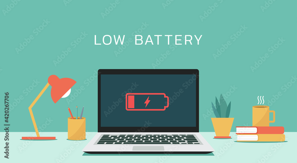 Laptop computer with low battery icon on screen, vector flat design ...