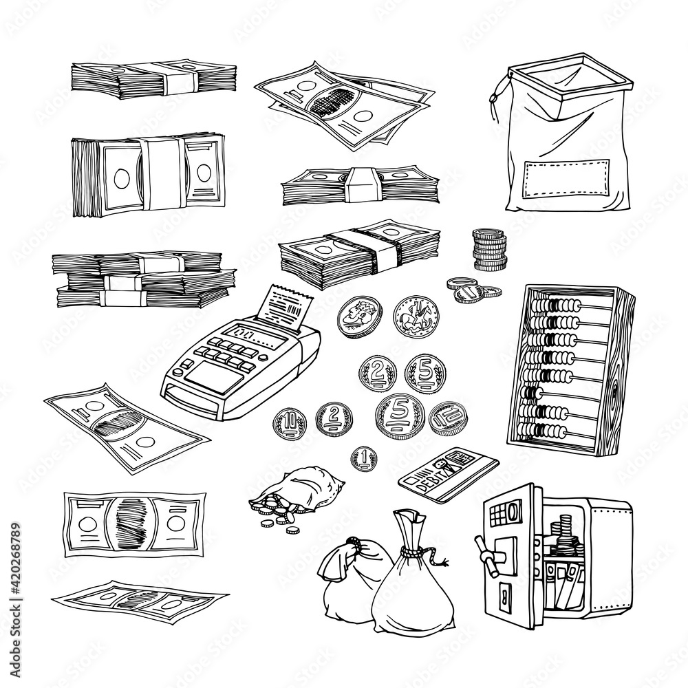 a set of money and bank elements, coins, cards, abacus, paper banknotes ...