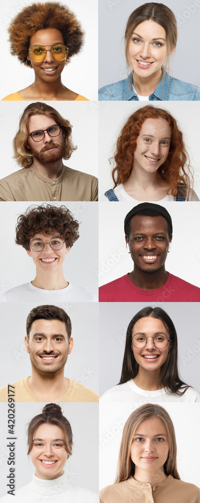 Vertical collage of portraits and faces of multiracial group of various ...