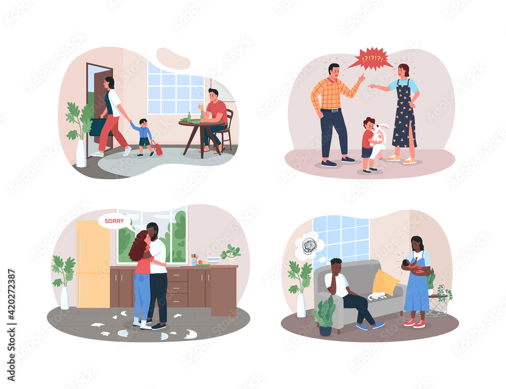 Family breakup 2D vector web banner, poster set. Sad child, angry ...