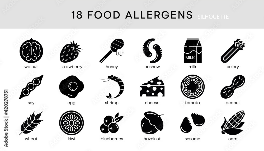 18s Food allergy icon set. Essential allergens and diet line icons ...