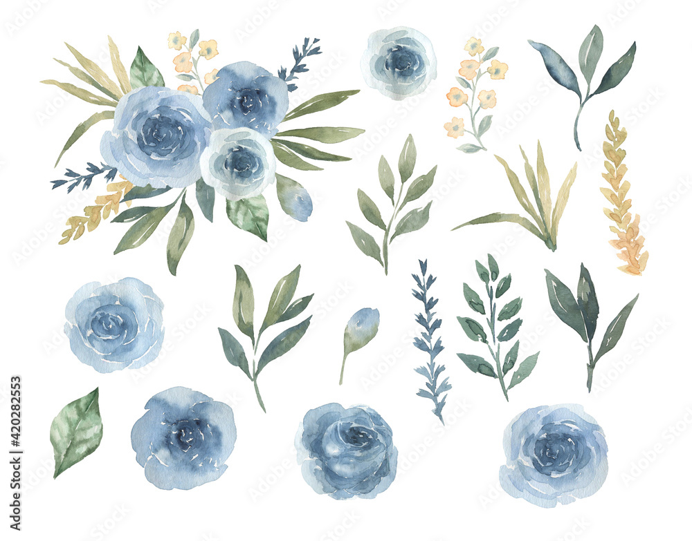Watercolor dusty blue roses smoky muted colors flower bouquet Stock ...