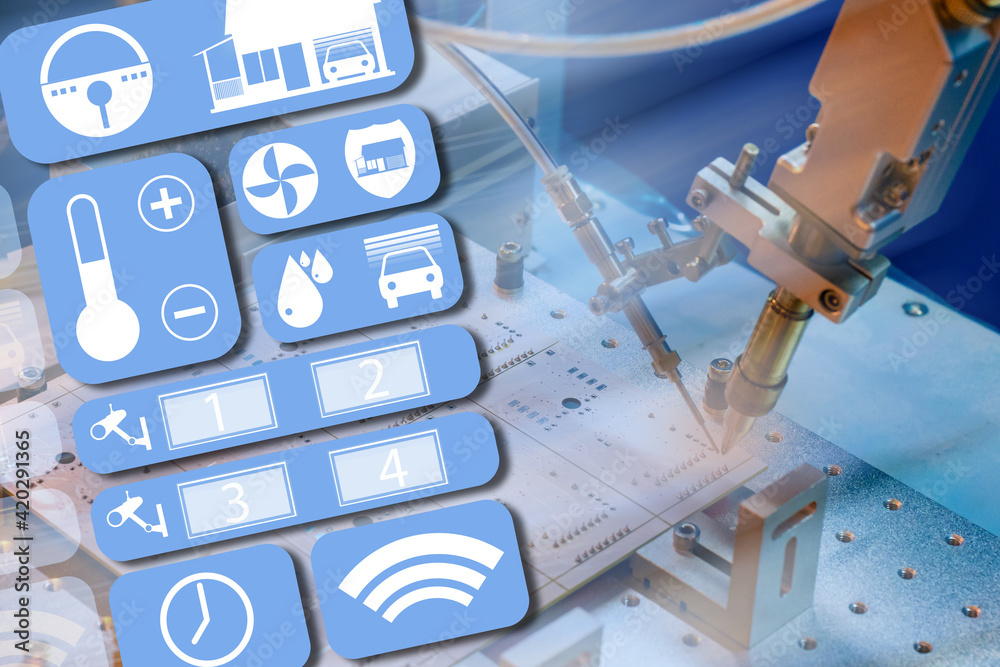 Production of IOT devices. smart home control panel. It symbolizes IOT ...