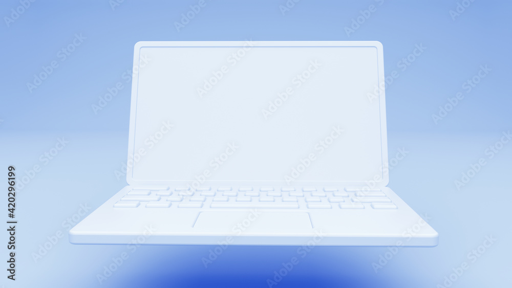 3D front view illustration of a white flat simple minimal laptop mobile ...