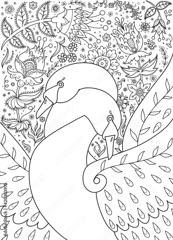 Coloring page with two swans intertwined with their necks on a ...