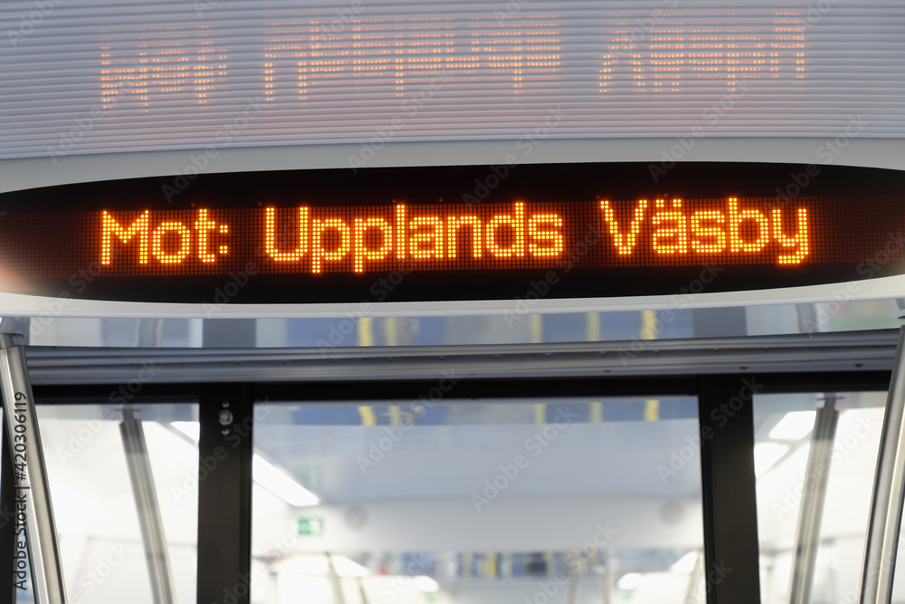 Stockholm commuter train interior destination Upplands Vasby sign ...