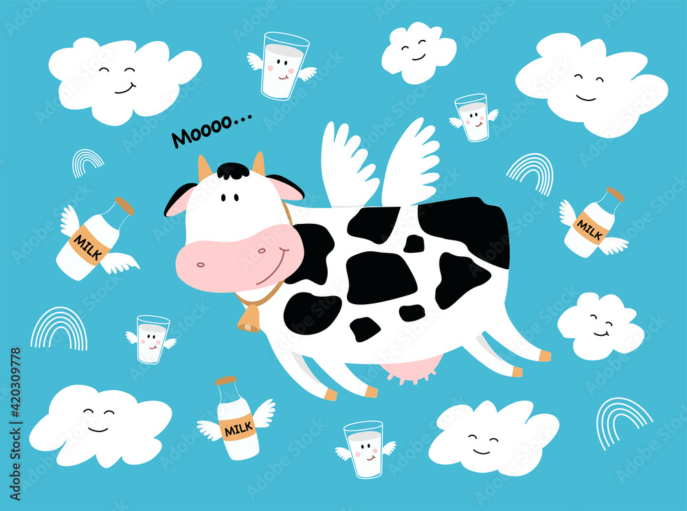 Adorable flying cow. Against the background of the blue sky. Cute ...