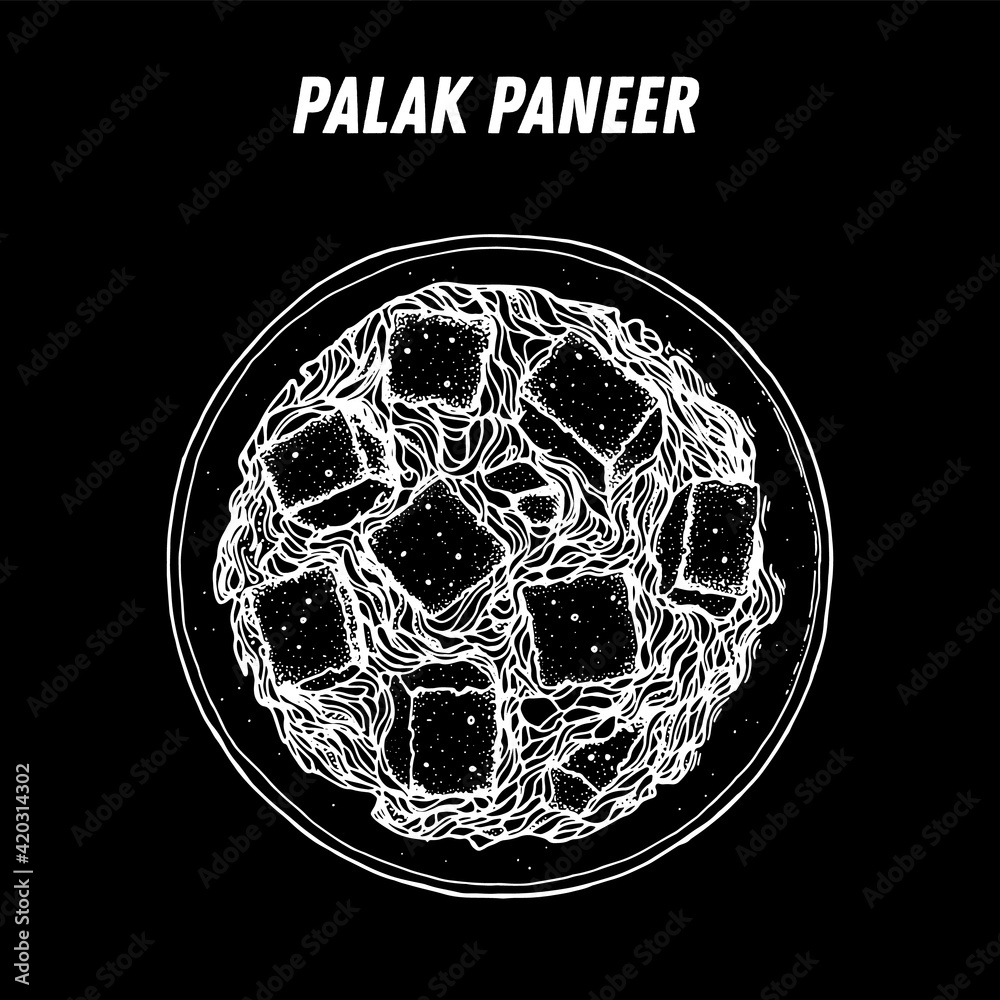Palak paneer sketch, Indian food. Hand drawn vector illustration ...