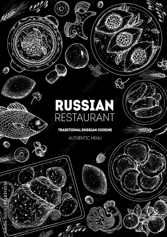 Russian cuisine top view frame. Food menu design elements. Traditional ...