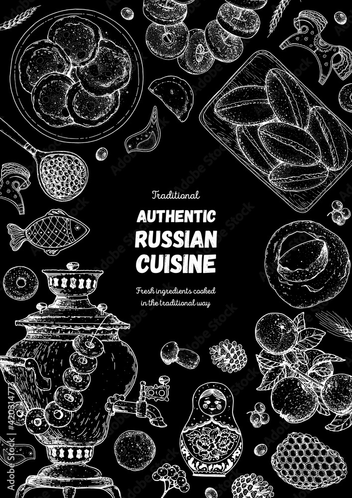 Russian cuisine top view frame. Food menu design elements. Traditional ...
