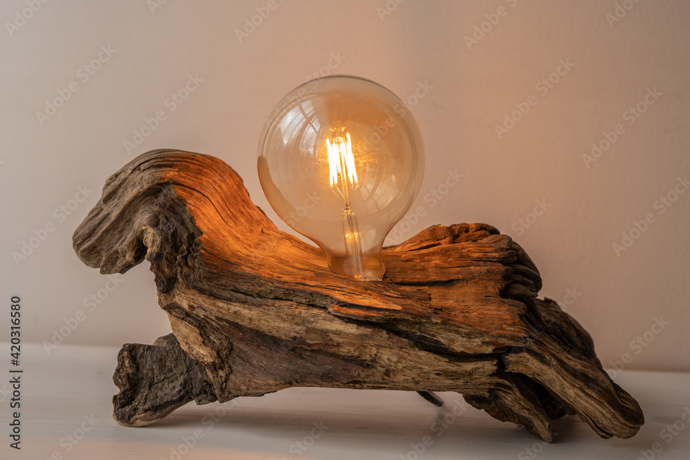 natural raw drift wood house light with exposed led light bulb ...