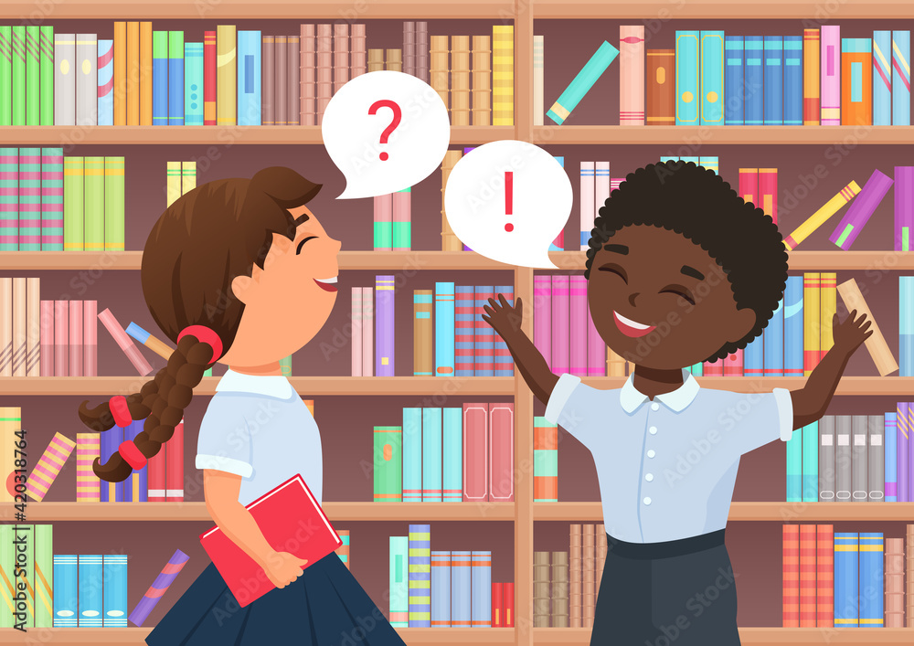 Child booklover in library vector illustration. Cartoon happy funny boy ...