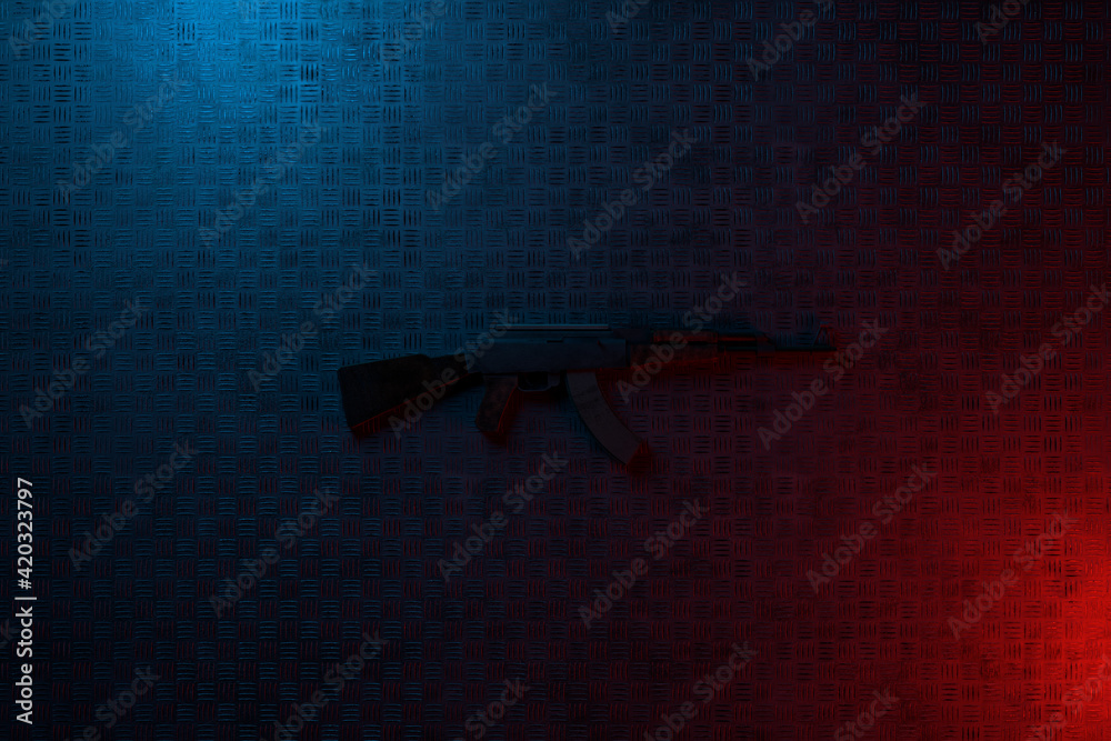 Modern automatic rifle with a collimator sight on a dark background ...