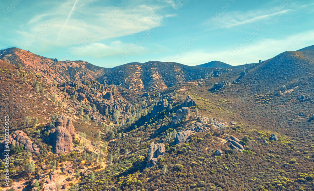 Aerial view of rock formations in Pinnacles National Park in California ...