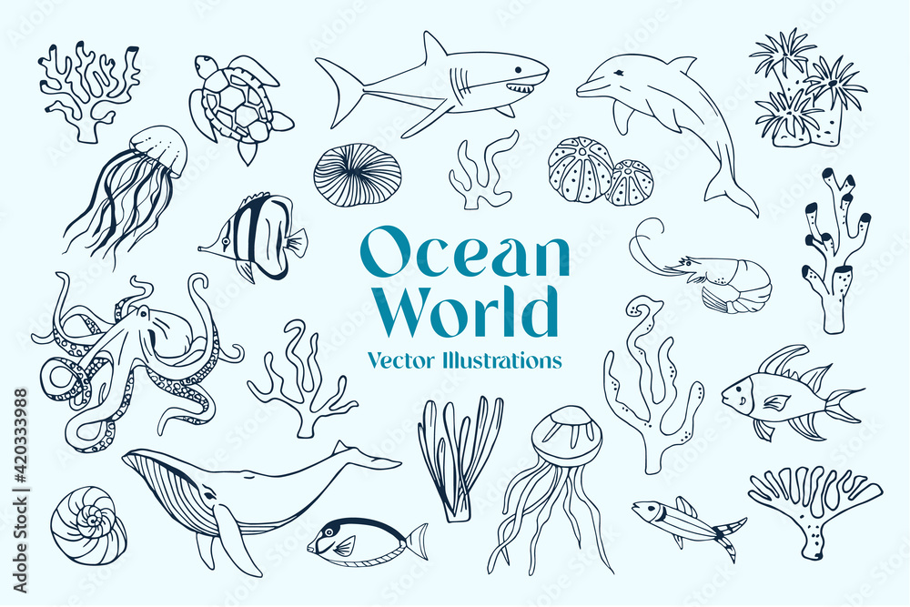 Vector illustrations of various Marine animals Stock Vector | Adobe Stock