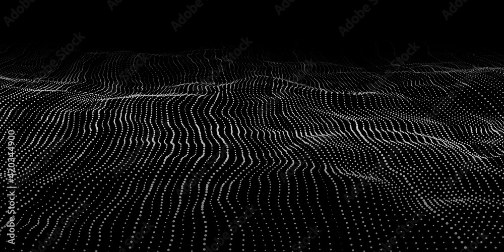 Wave 3d. Wave of particles. Dynamic wave on black background ...