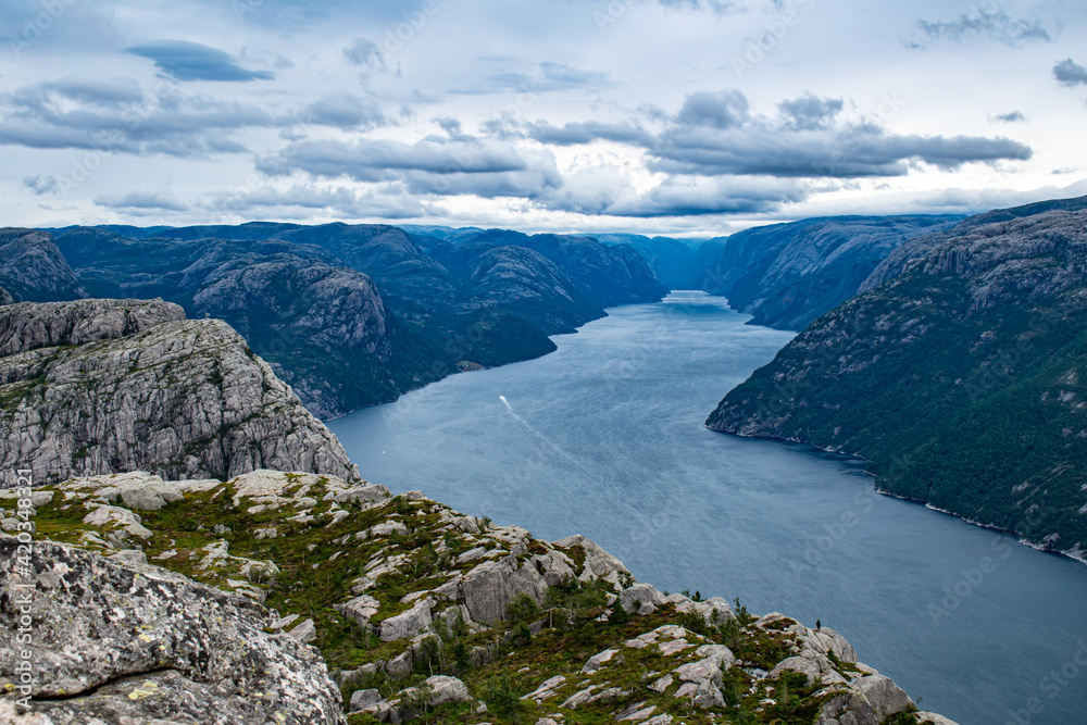panorama from Preikestolen cliff in norway with the fjord and steep ...