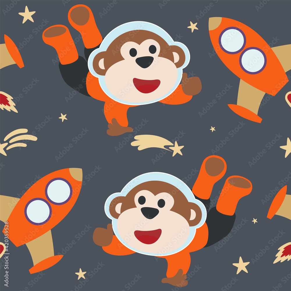 Seamless pattern cute astronaut monkey in space with cartoon style ...