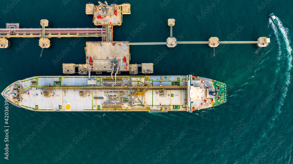 Aerial view tanker park offshore at oil terminal commercial port for ...