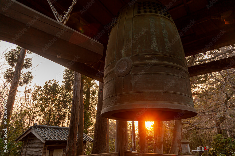 Large brass bell in a Japanese Shinto temple in Sendai, Japan called ...