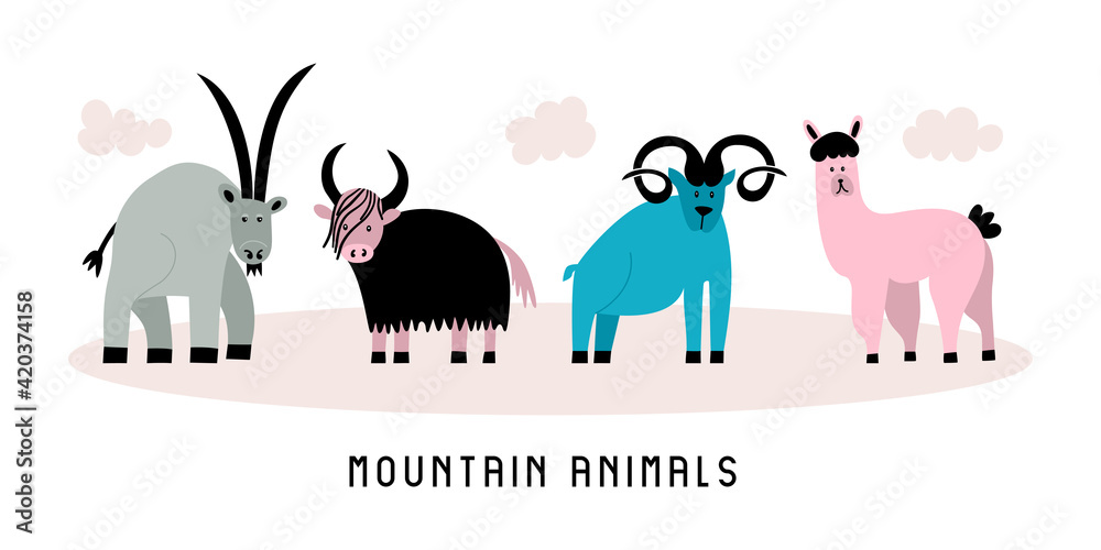 Set of mountain wild animals in flat style. Childish vector ...