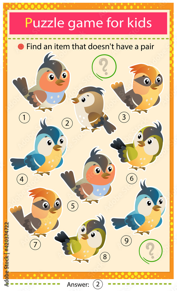 Find a item that does not have a pair. Puzzle for kids. Matching game ...