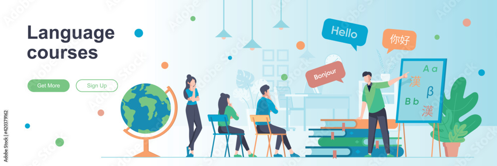 Language courses landing page with people characters. Teaching service ...