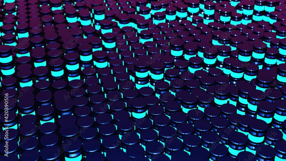 3d cylinders with light blue neon lights wavy movement background ...