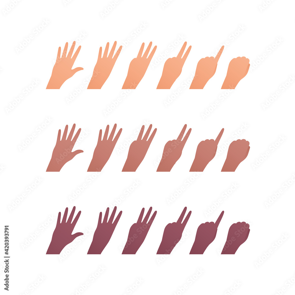 Hand gesture icon collection. Vector flat multiracial llustration set ...