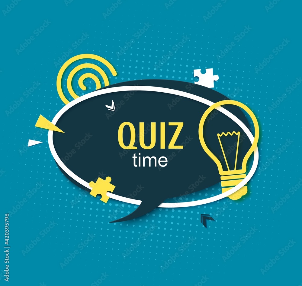 Quiz time speech bubble in paper cut style. Trivia show blue sticker in ...