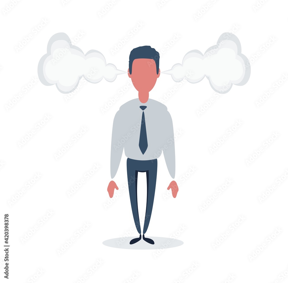Angry businessman flushed with rage and a steam comes out of his ears ...