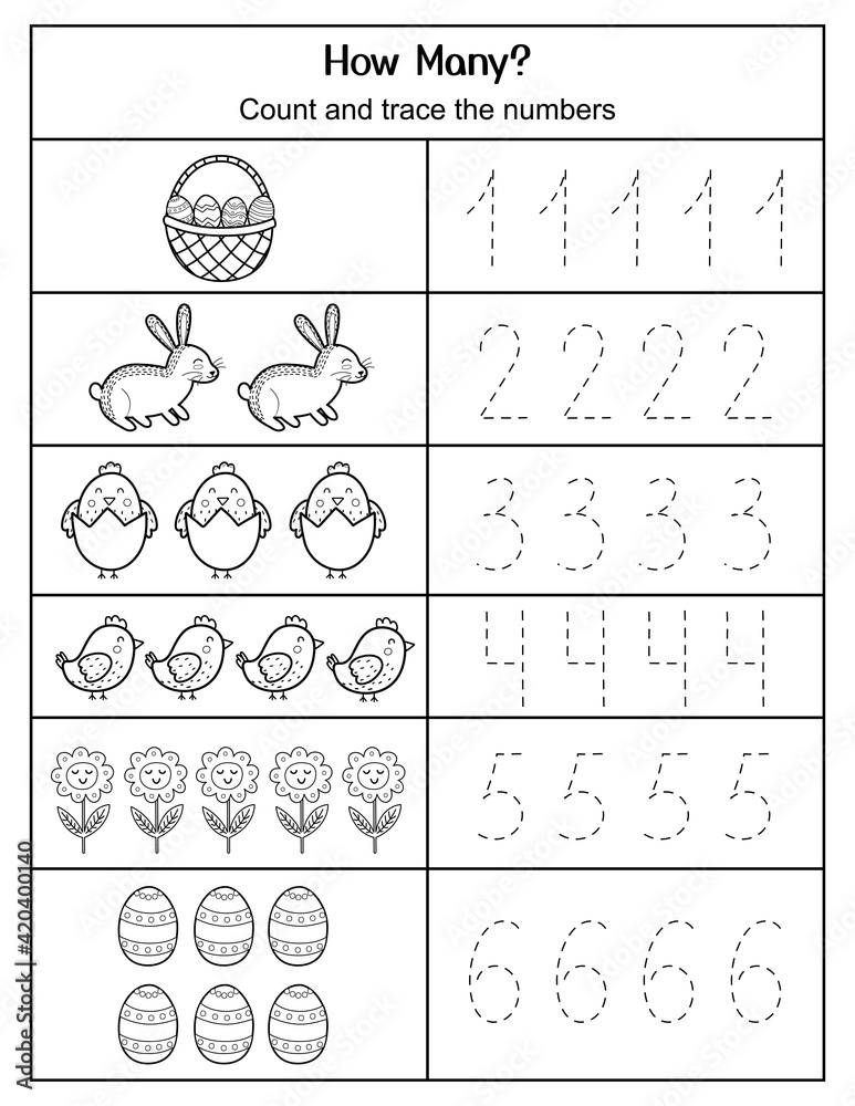 How Many - count and trace the numbers Easter worksheet. Activity page ...