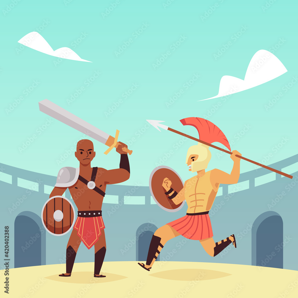 Fight of ancient armed warriors on arena colosseum a vector ...