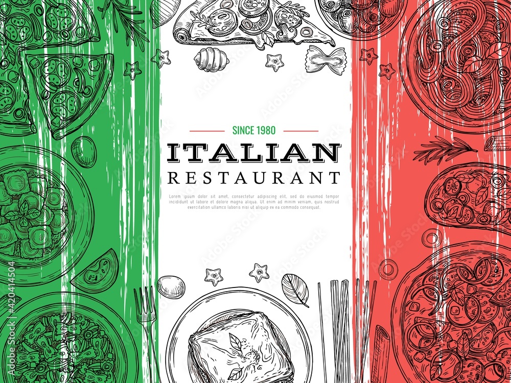 Italian food banner. Restaurant menu, vegetables and spaghetti sketch ...
