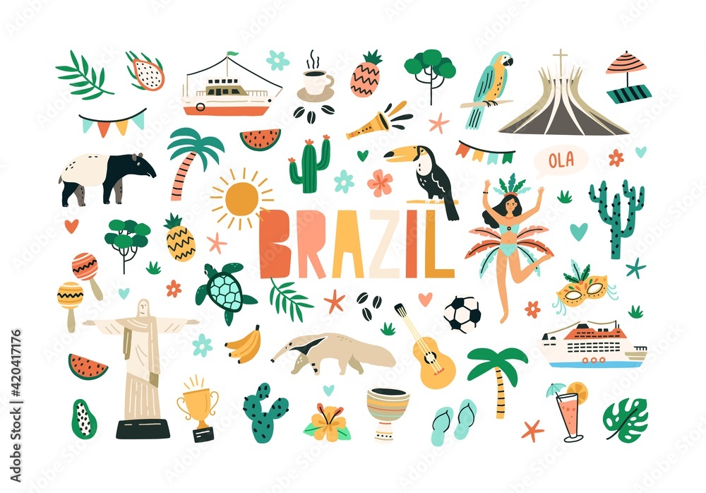 Colorful set of Brazilian culture and nature. Bundle of Brazil national ...